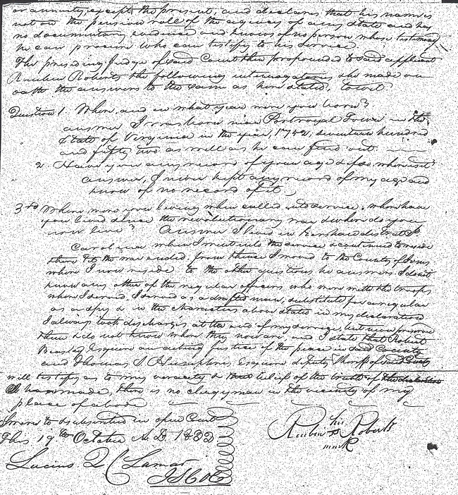 Reuben Roberts Revolutionary War Record Pension Application